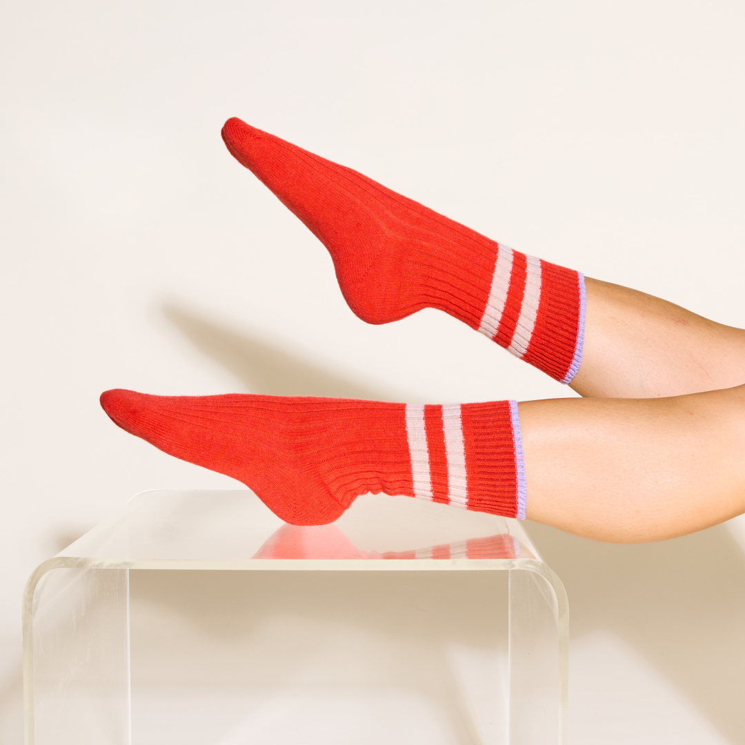 Set of 3: Knitted Wool Socks - Ecru/Lilac/Popeia Red